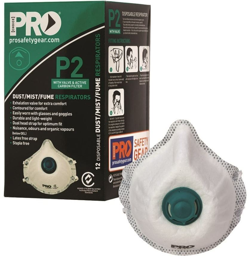 PROCHOICE P2 RESPIRATOR WITH VALVE + ACTIVE CARBON FILTER Qty/Box - 12 ...